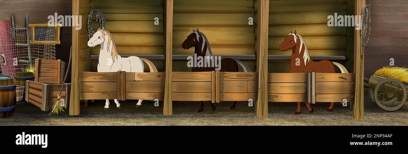 Two horses in the stable at day. Digital Painting Background ...