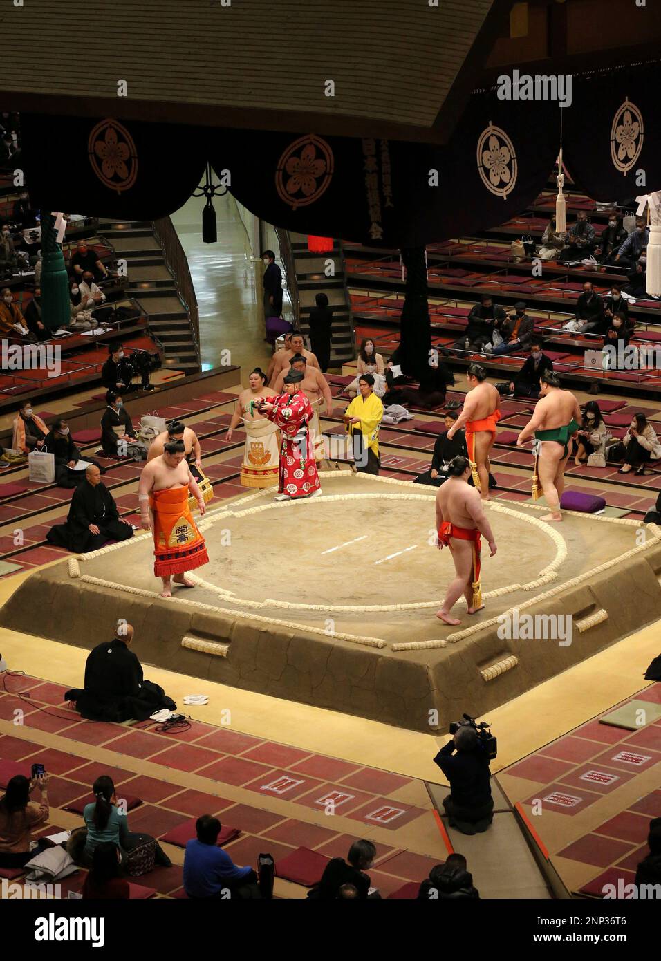 Sumo Ring entering ceremony, Dohyo-iri, od Juryo is held during the New ...