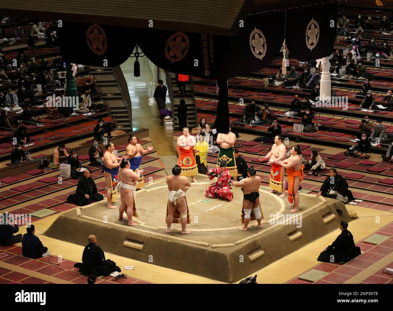 Sumo Ring entering ceremony, Dohyo-iri, od Juryo is held during the New ...