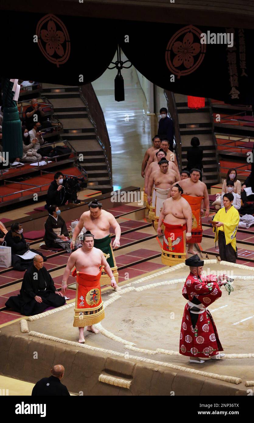 Sumo Ring entering ceremony, Dohyo-iri, od Juryo is held during the New Year Grand Sumo ...