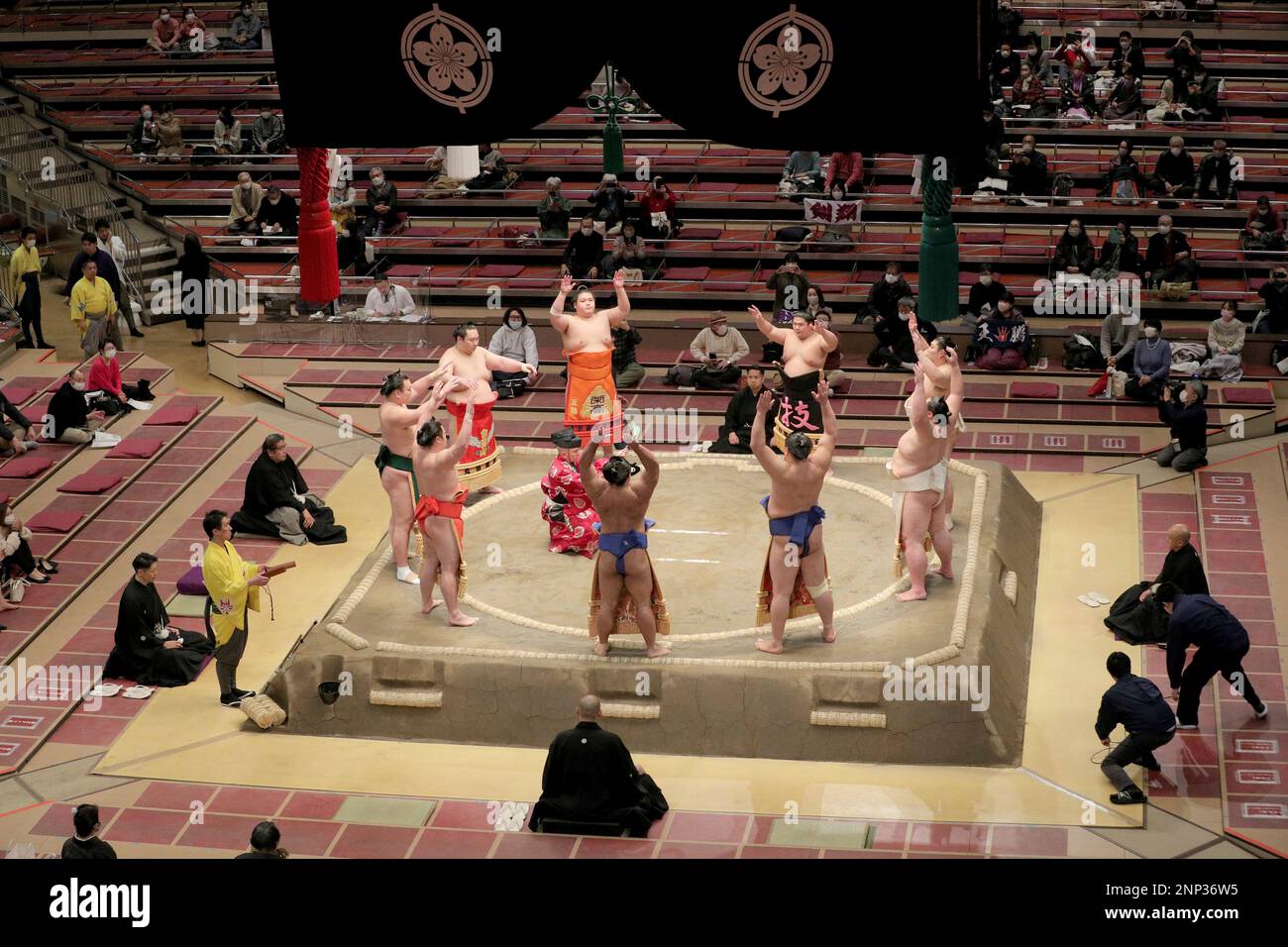Sumo Ring entering ceremony, Dohyo-iri, od Juryo is held during the New ...