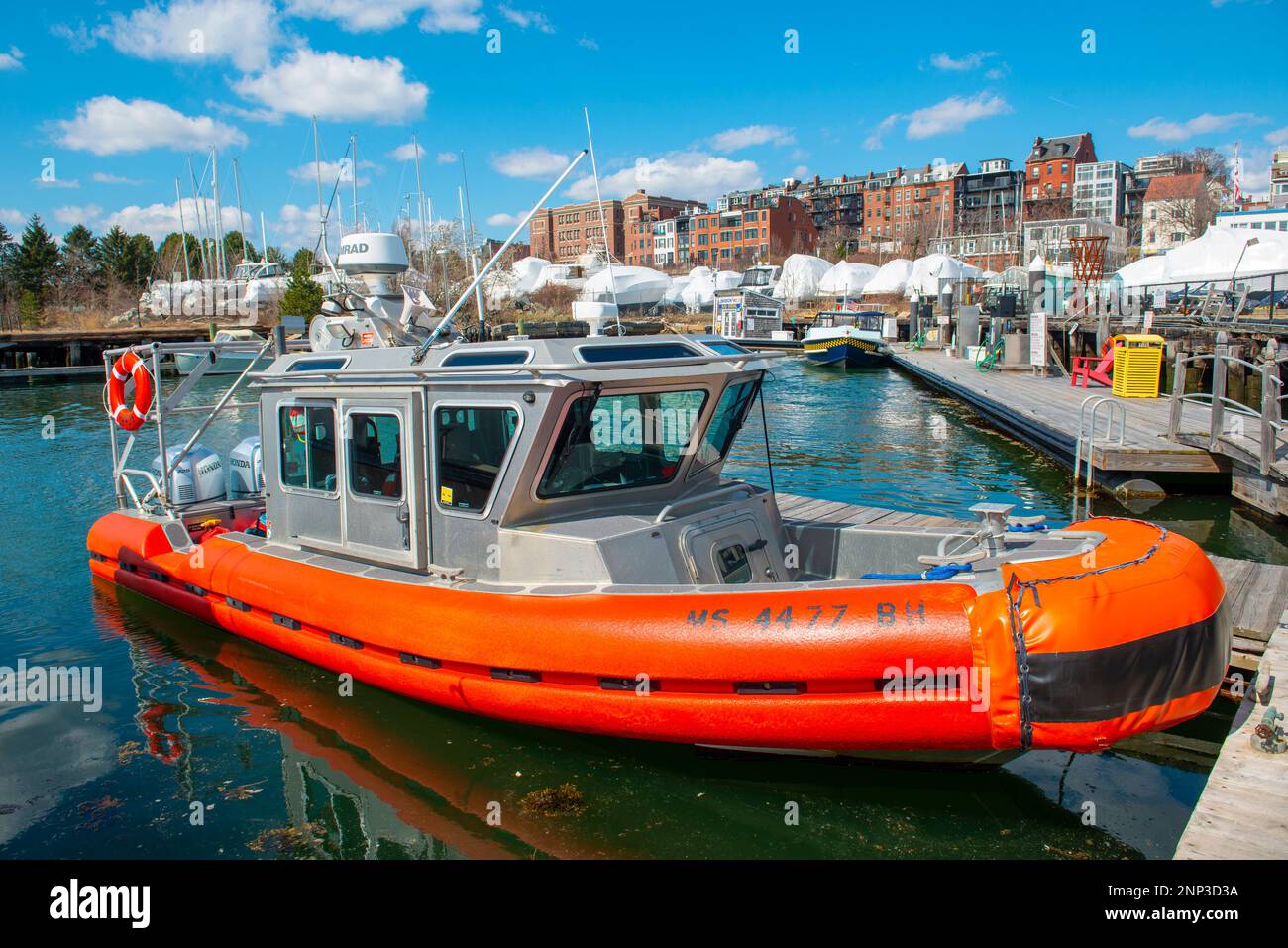 East Boston Coast Guard 25-Foot Defender Class Boat docked at pier in ...