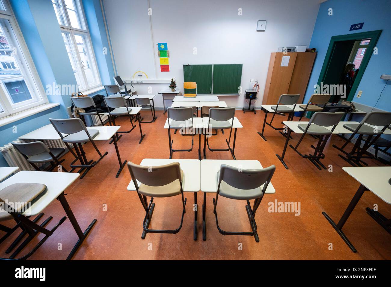 Chairs are placed on the desks in a classroom at the closed Schadow ...