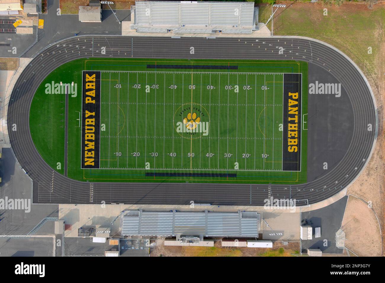 An aerial view of George Hurley football field and track at Newbury ...
