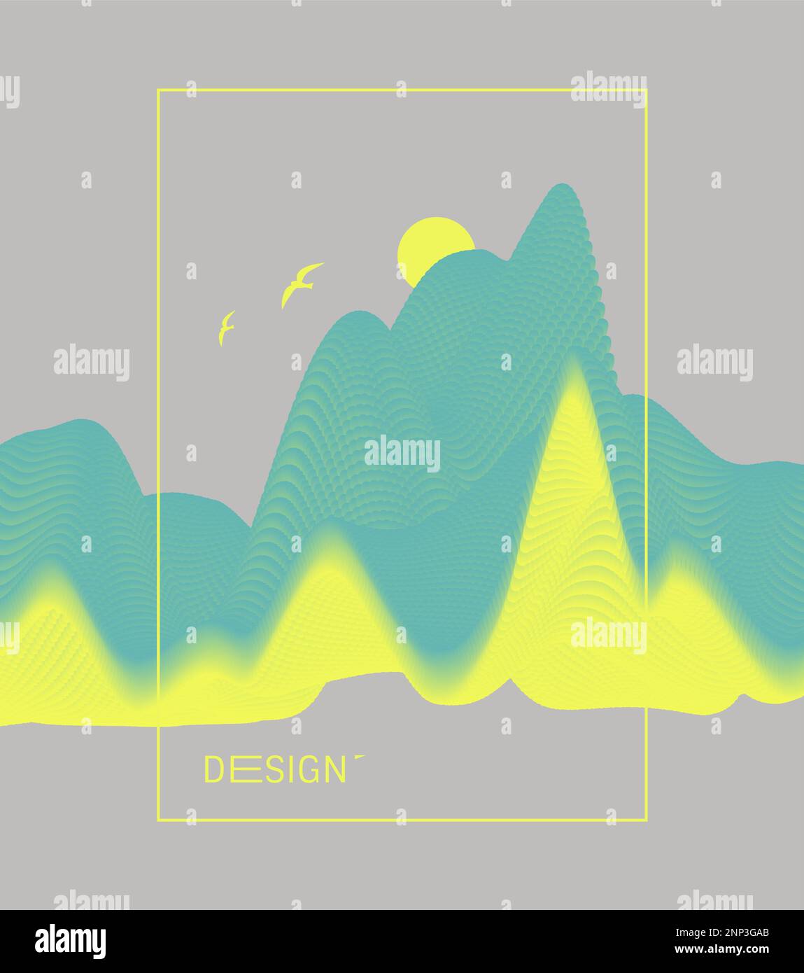 Landscape with mountains and sun. Futuristic sunrise with flying ...