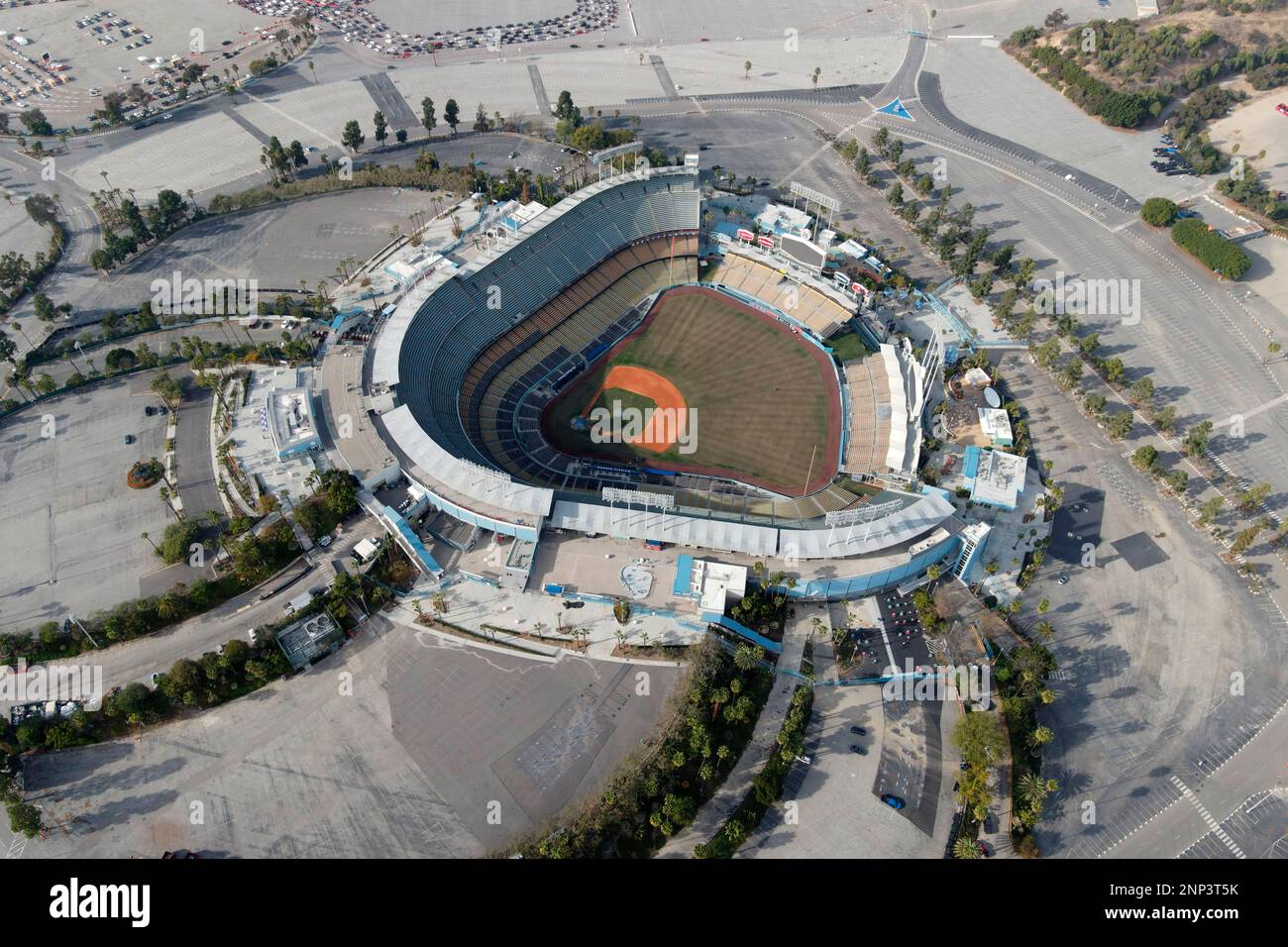 An aerial view of Dodger Stadium, Monday, Jan 4, 2021, in Los Angeles ...