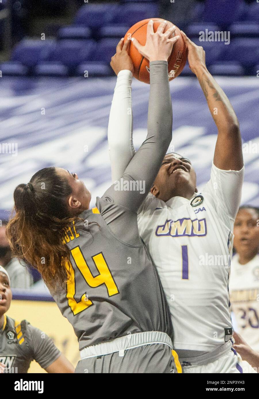 Towson forward Tess Borgosz (24) blocks a shot attempt by James Madison ...