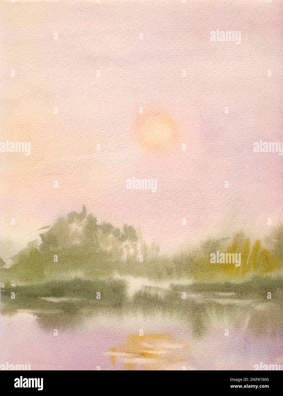 River and forest in a milky pink mist with sun. Watercolor hand drawn ...