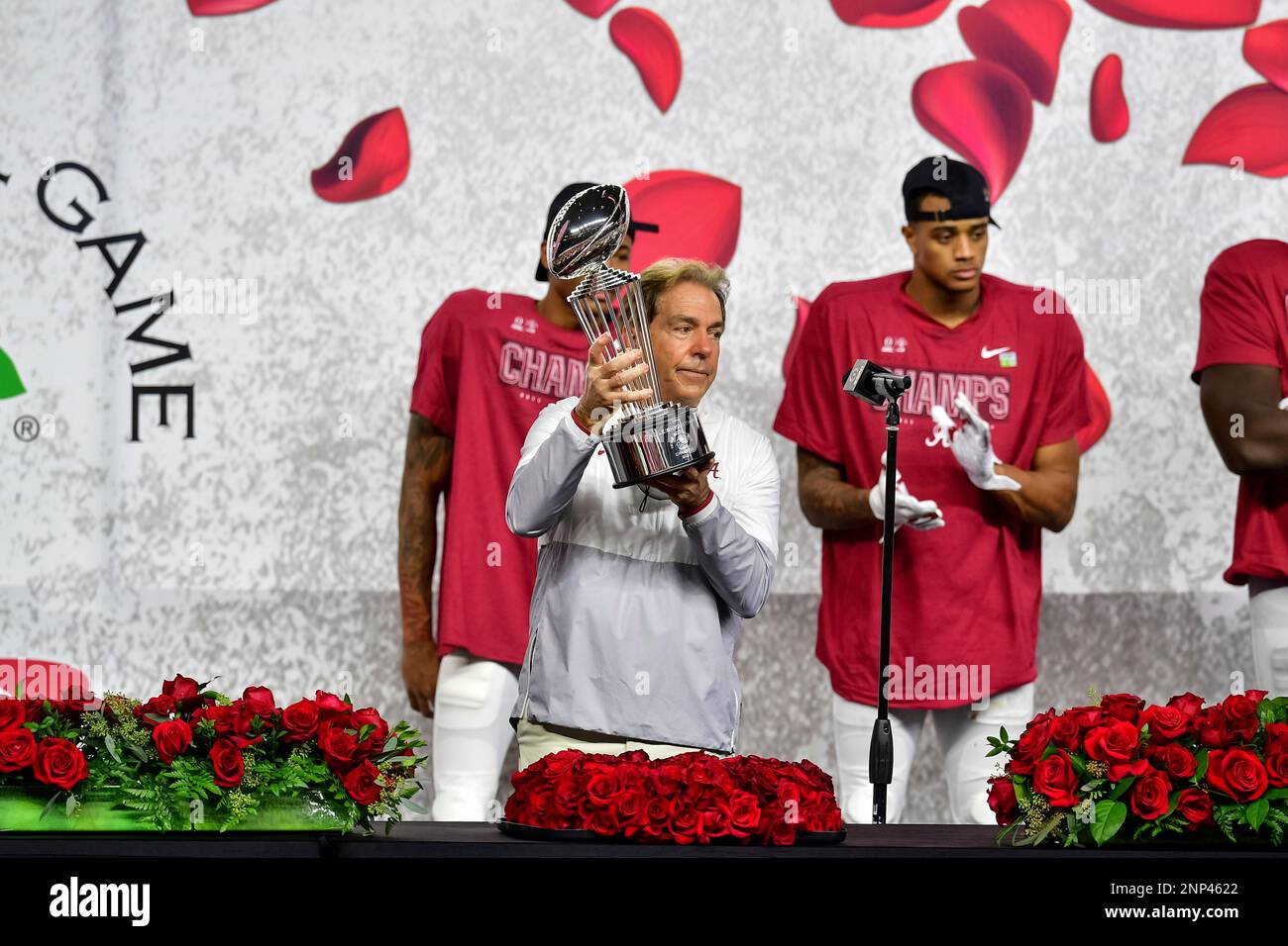 Alabama Crimson Tide head coach Nick Saban holds the trophy after the ...