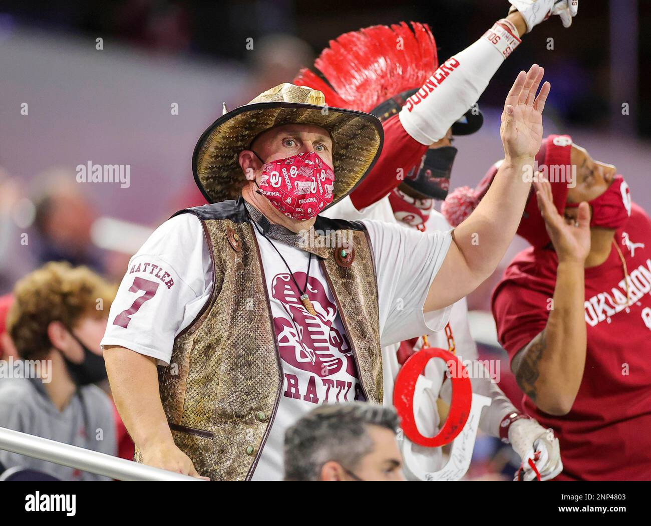 December 30, 2020 Arlington, TX..Oklahoma Fan wearing his rattler ...