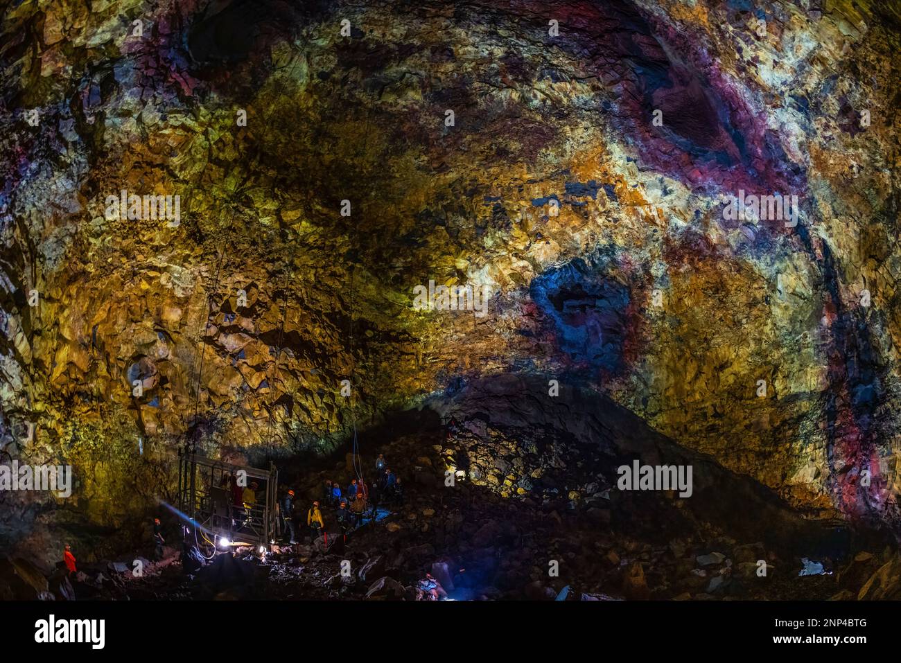 People in cave, Thrihnukagigur volcano magma chamber, Blafjoll ...