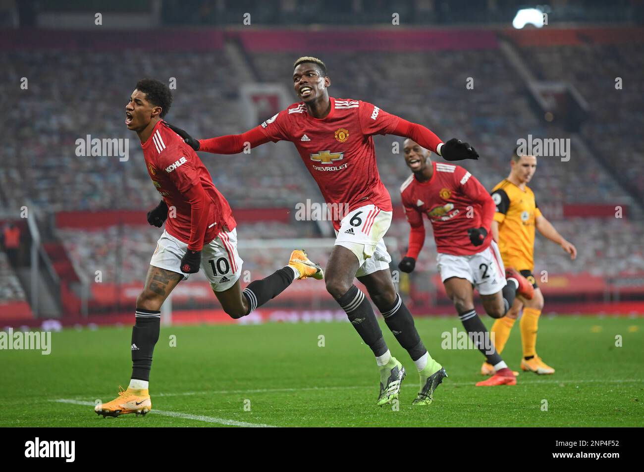 Manchester United's Marcus Rashford, left, celebrates with Paul Pogba ...