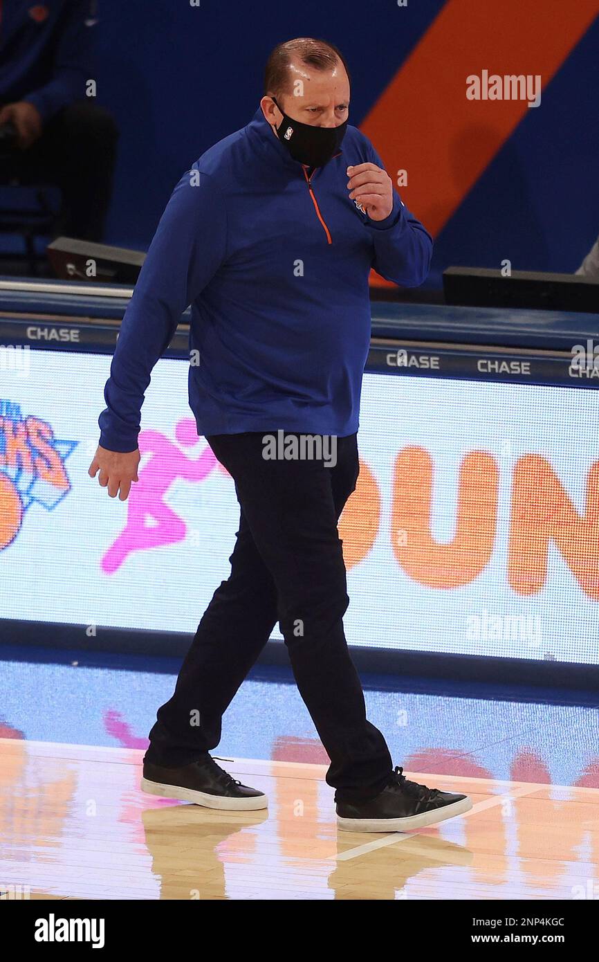 Head coach Tom Thibodeau of the New York Knicks looks on during a game ...