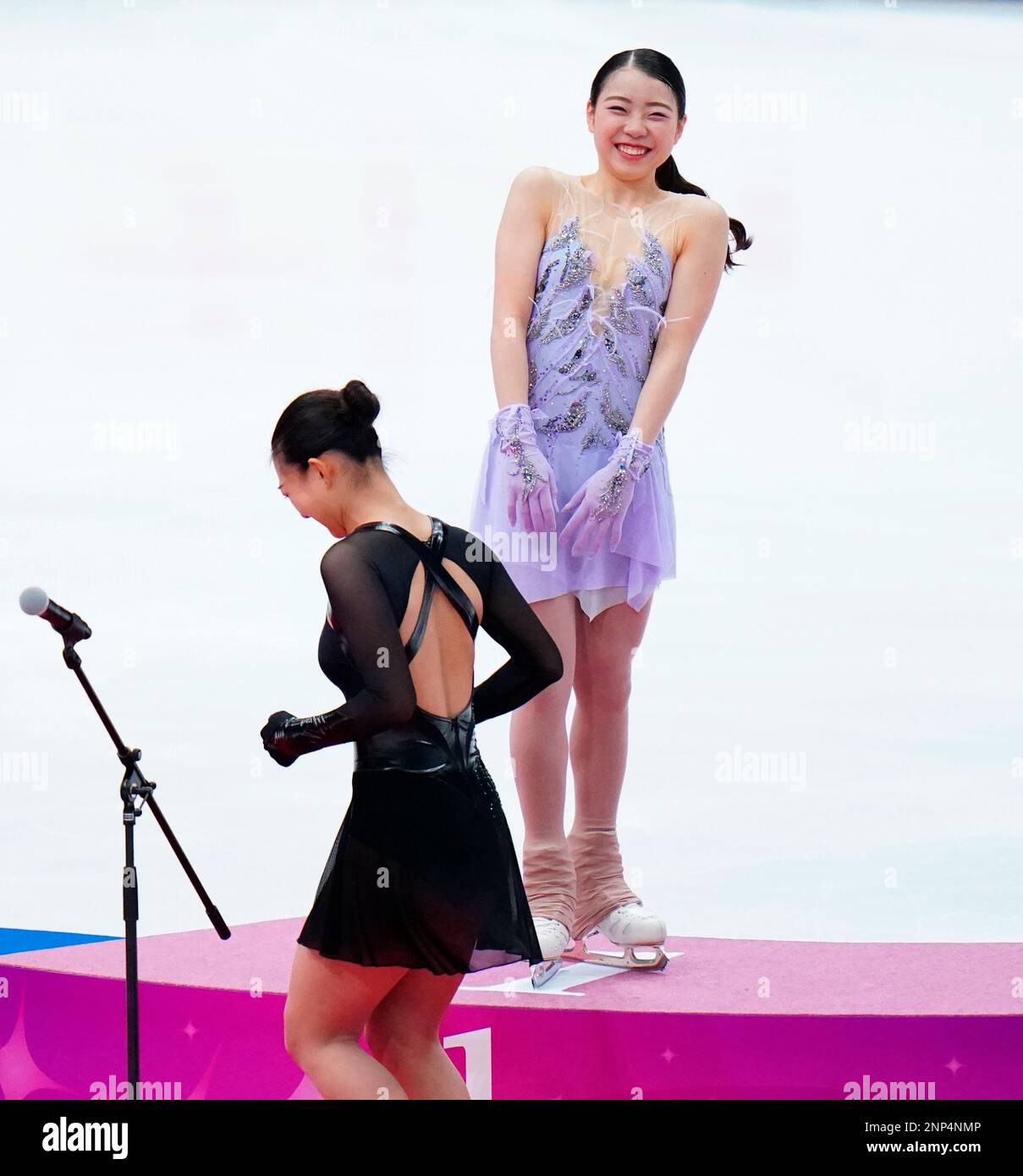 Japanese figure skaters Rika Kihira celebrates after winning the Ladies ...