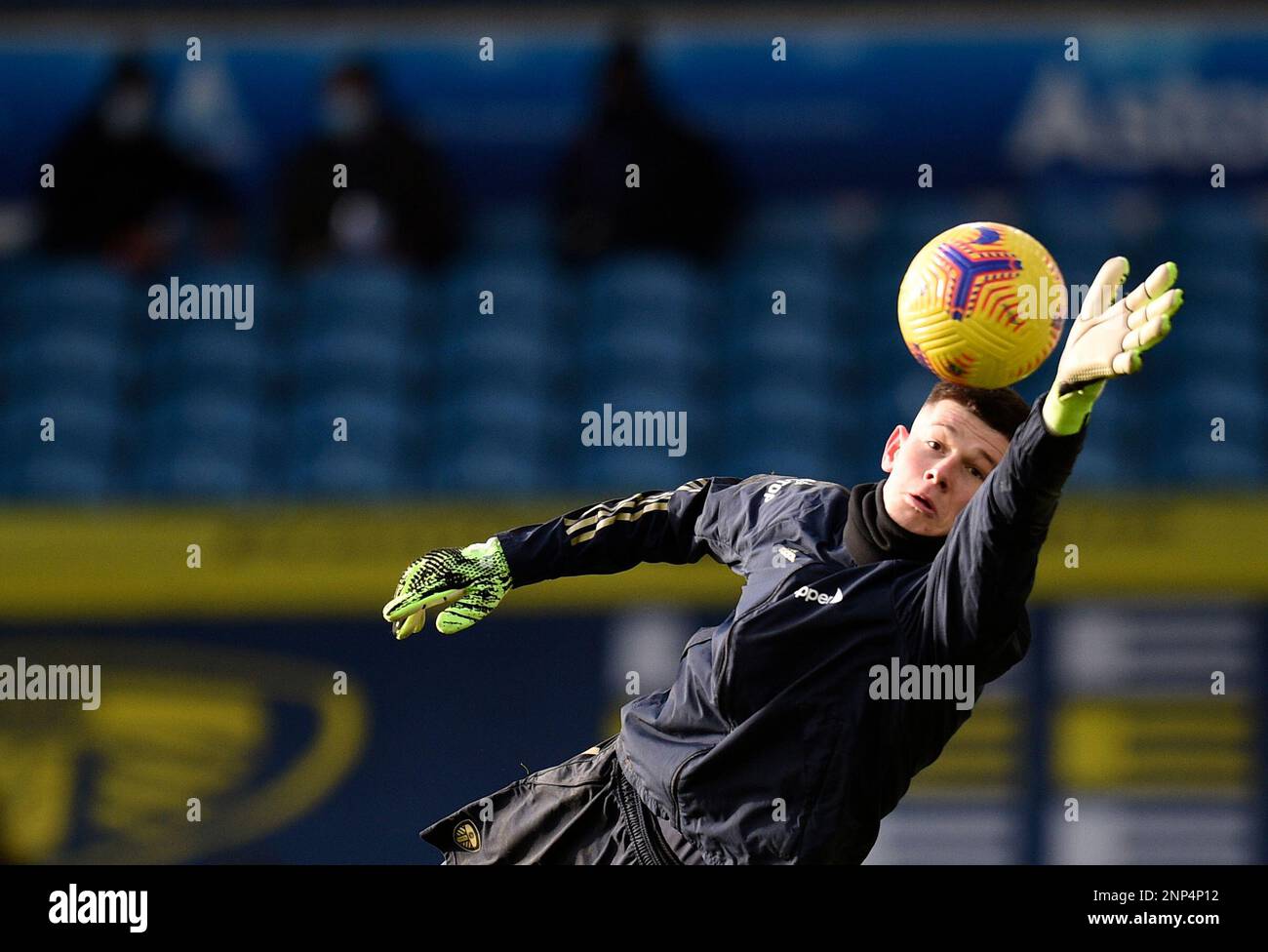 Leeds United's goalkeeper Illan Meslier makes a save during warm up ...
