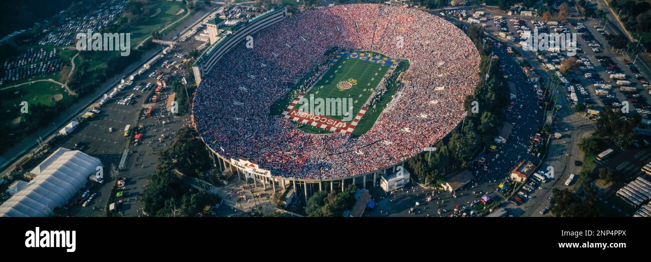 Aerial view of match on football stadium, Rose Bowl Stadium, Pasadena ...