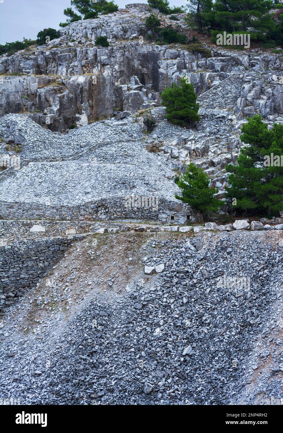 Part of an abandoned Penteli marble quarry in Attika, Greece. Penteli is a mountain, 18 km north ...