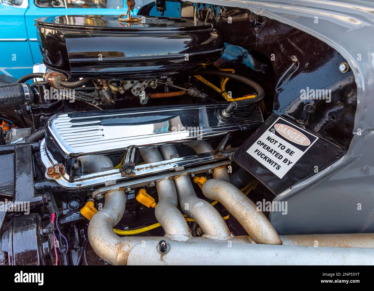 Classic american vee eight hot rod with sticker warning 'not to be ...