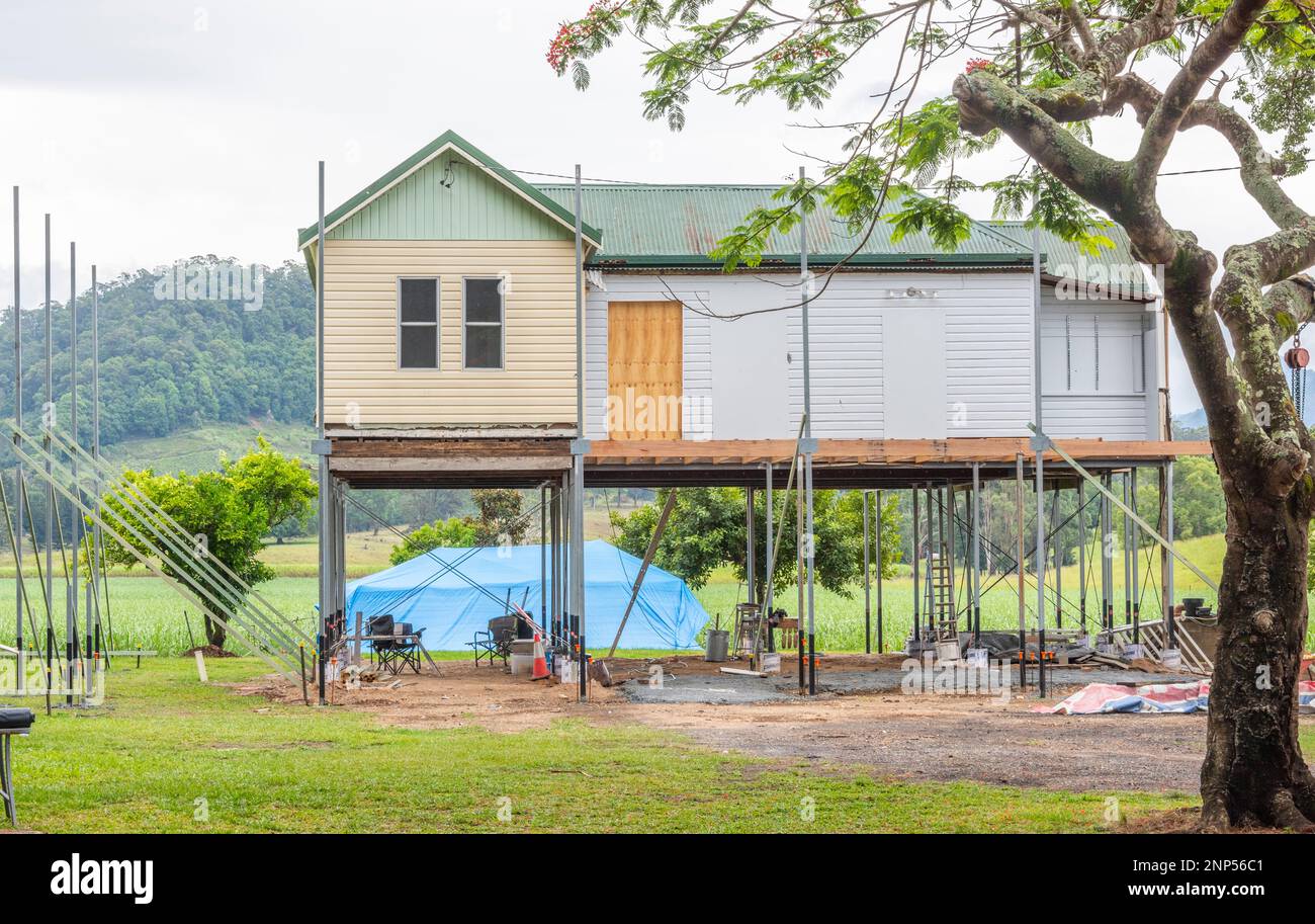 Flood effected house being raised on stilts near murwillumbah, new ...