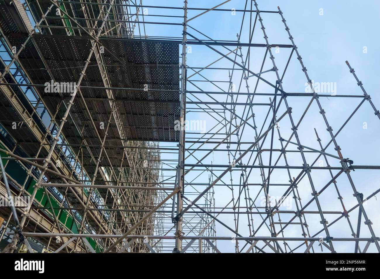 Maze of industrial construction scaffolding on building site in city ...