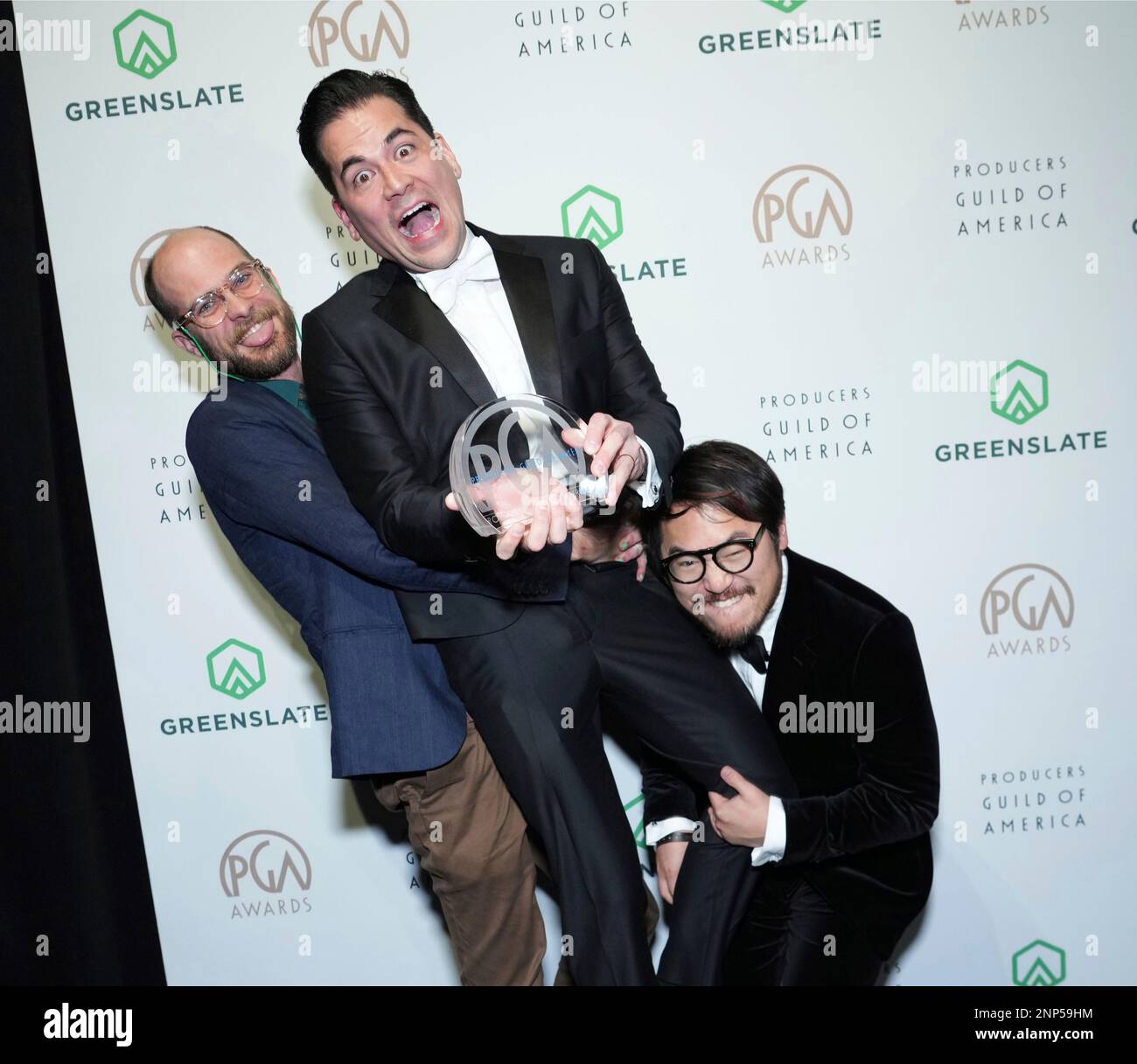 Daniel Scheinert, from left, Jonathan Wang and Daniel Kwan backstage at ...