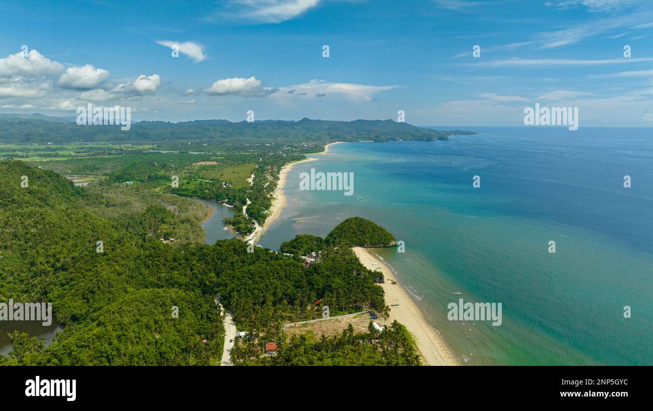 Aerial view of Tropical sandy beach and blue sea. Sipalay, Negros ...