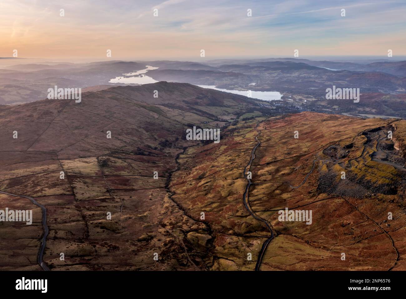 Aerial drone landscape image of sunrise Winter view from Red Screes in ...
