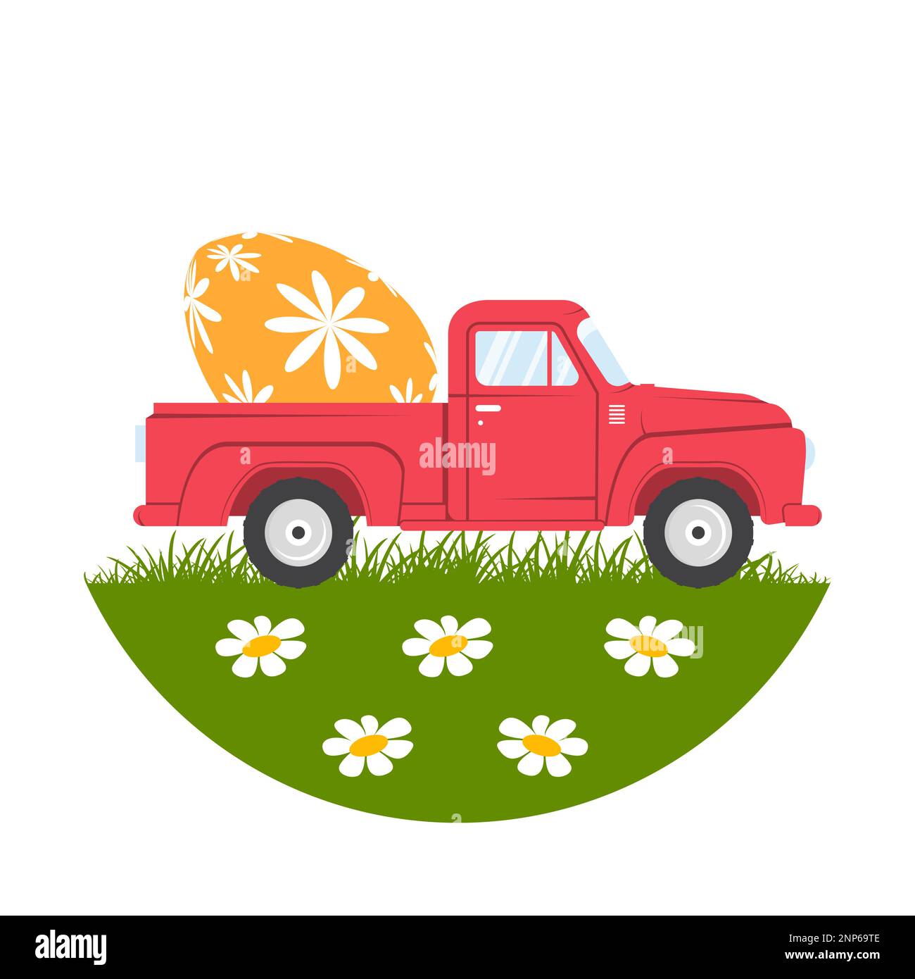 Retro pickup with easter eggs on green grass on a white background ...