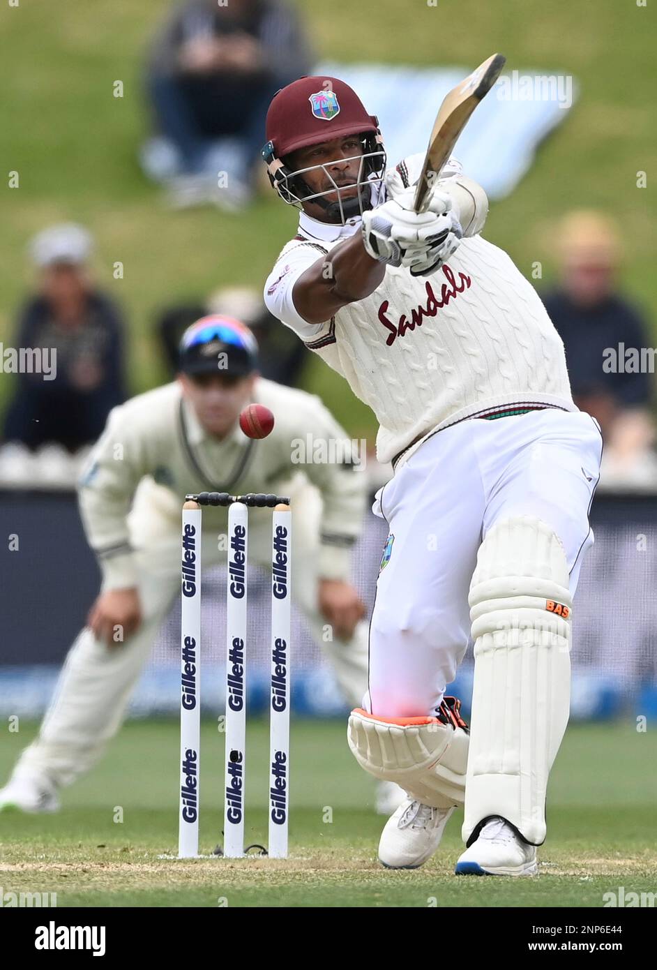 West Indies batsman Shannon Gabriel plays at a delivery from New ...