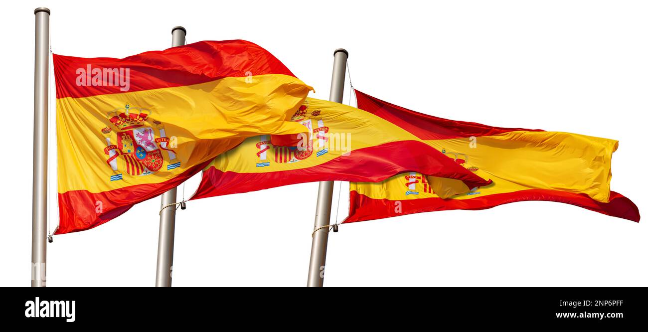 Three Spanish flags (la Rojigualda) hanging on the flagpole, isolated ...