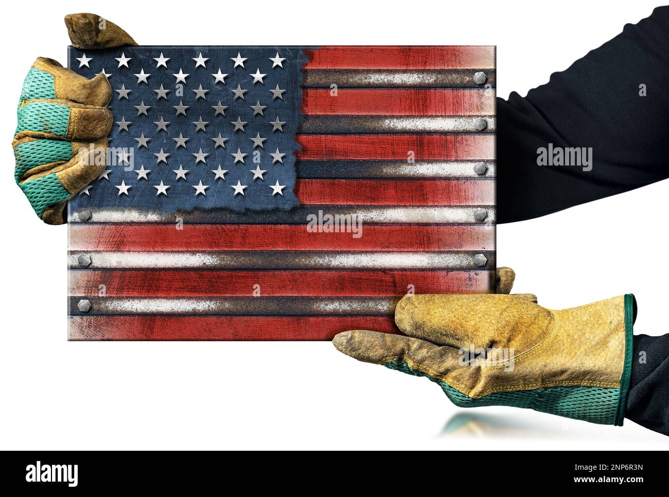 Manual worker with protective work gloves holding a metal national flag ...