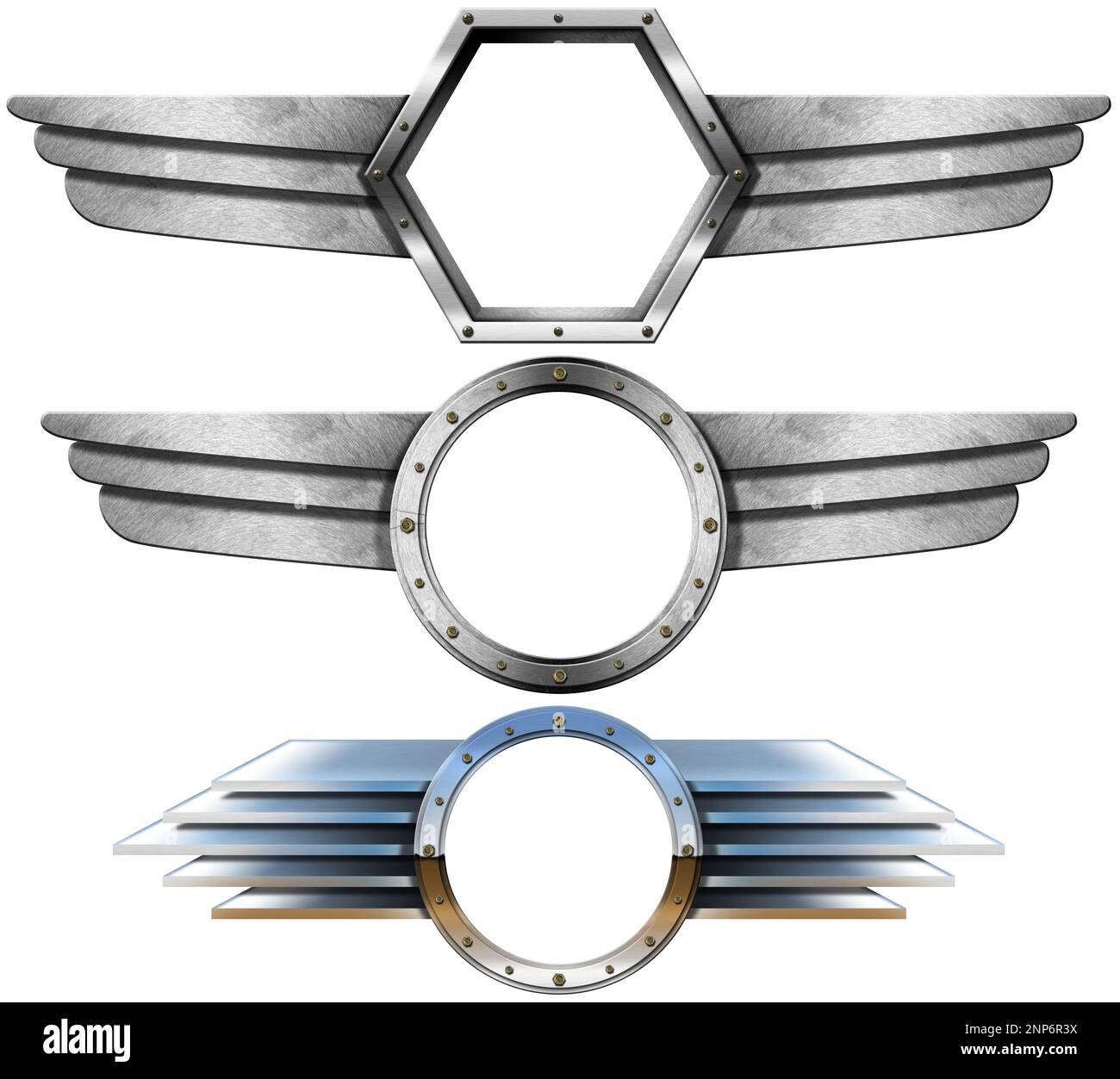 Collection of three metal winged logos isolated on white background ...