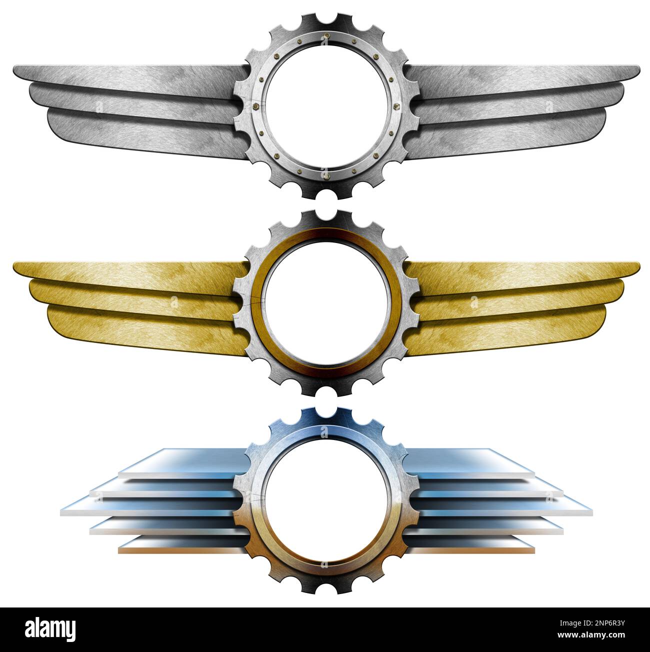 Collection of three metal winged logos with gears (cogwheels), isolated on white background with ...