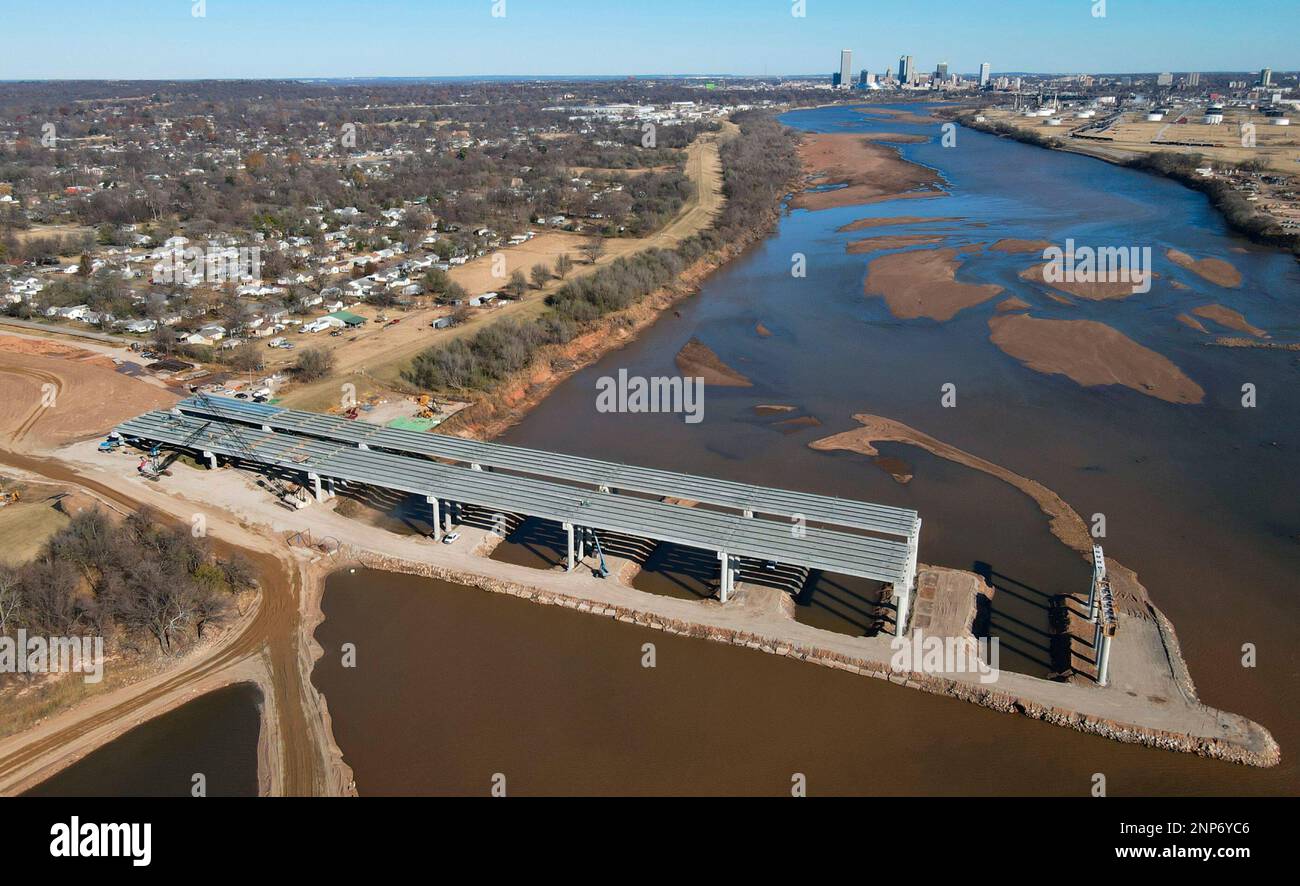 An aerial view of a bridge under construction on the Gilcrease ...
