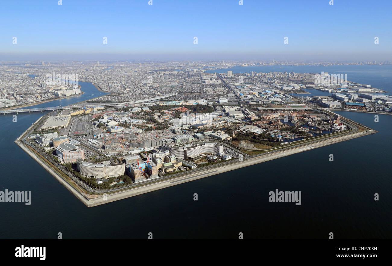 An aerial photo shows Tokyo Disney Resort in Urayasu, Chiba Prefecture ...