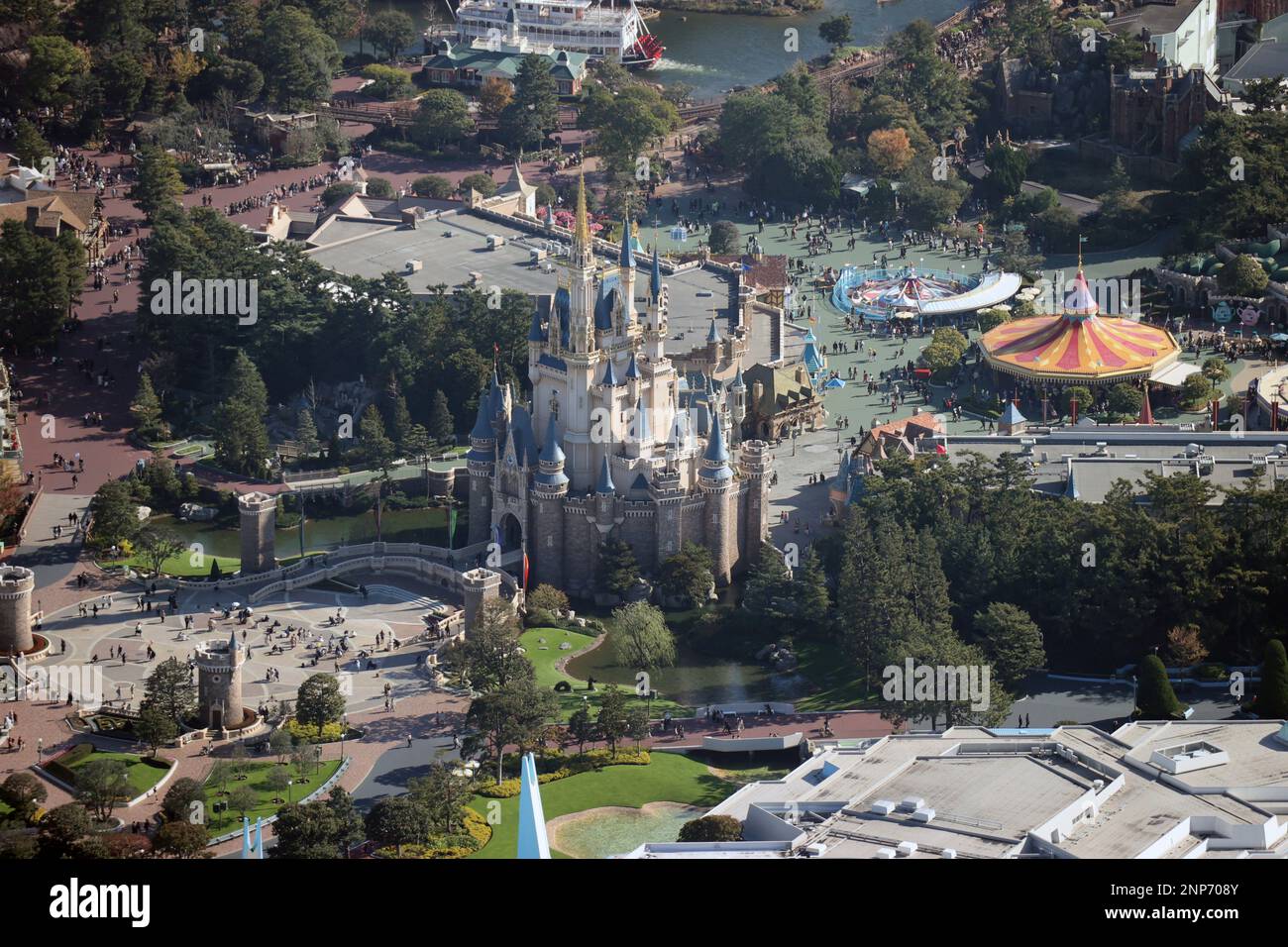 An aerial photo shows Tokyo Disney Resort in Urayasu, Chiba Prefecture ...