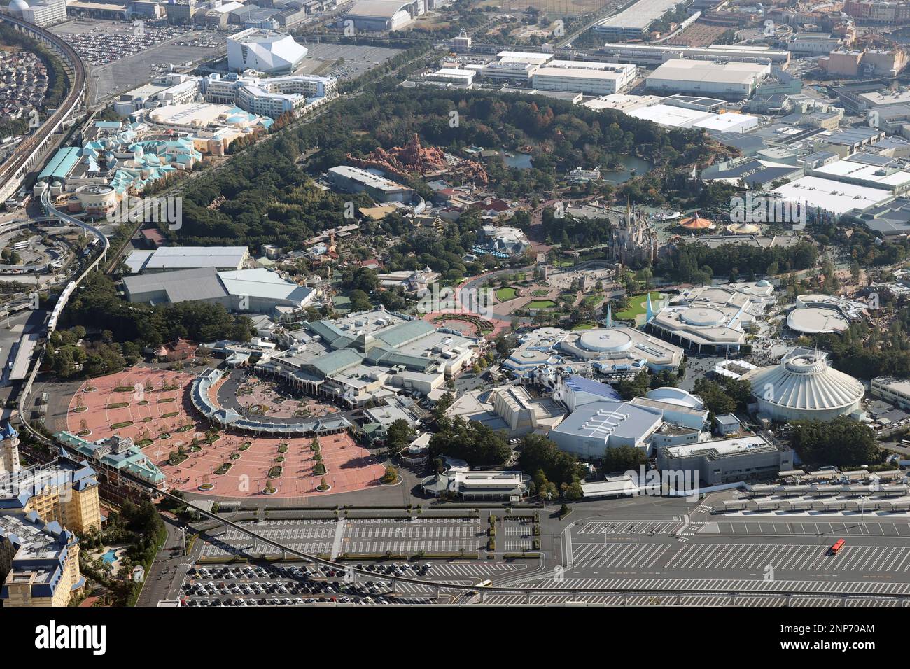 An aerial photo shows Tokyo Disney Resort in Urayasu, Chiba Prefecture ...