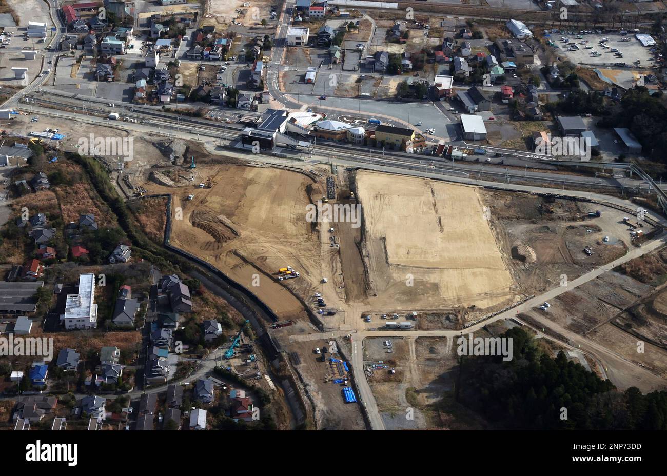 An aerial photo shows Futaba station and surroundings in Futaba ...