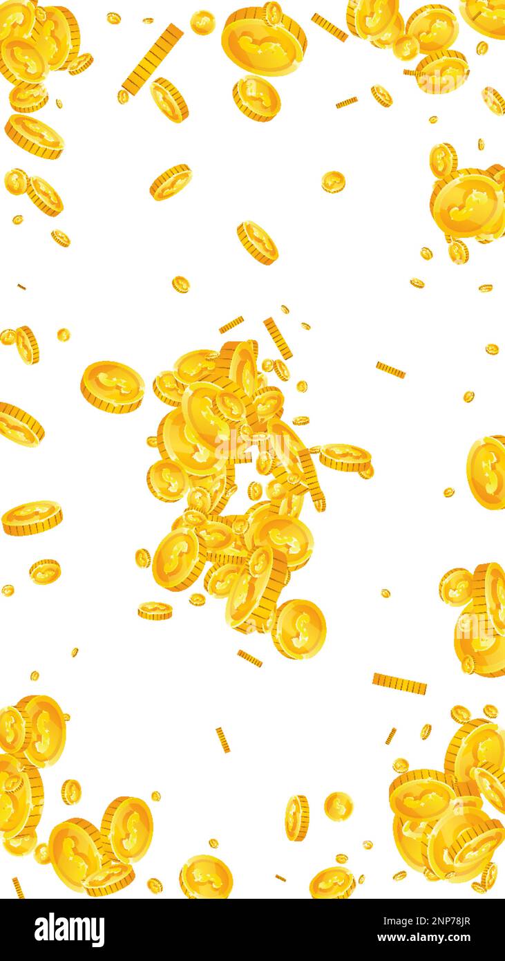American dollar coins falling. Scattered gold USD coins. USA money ...