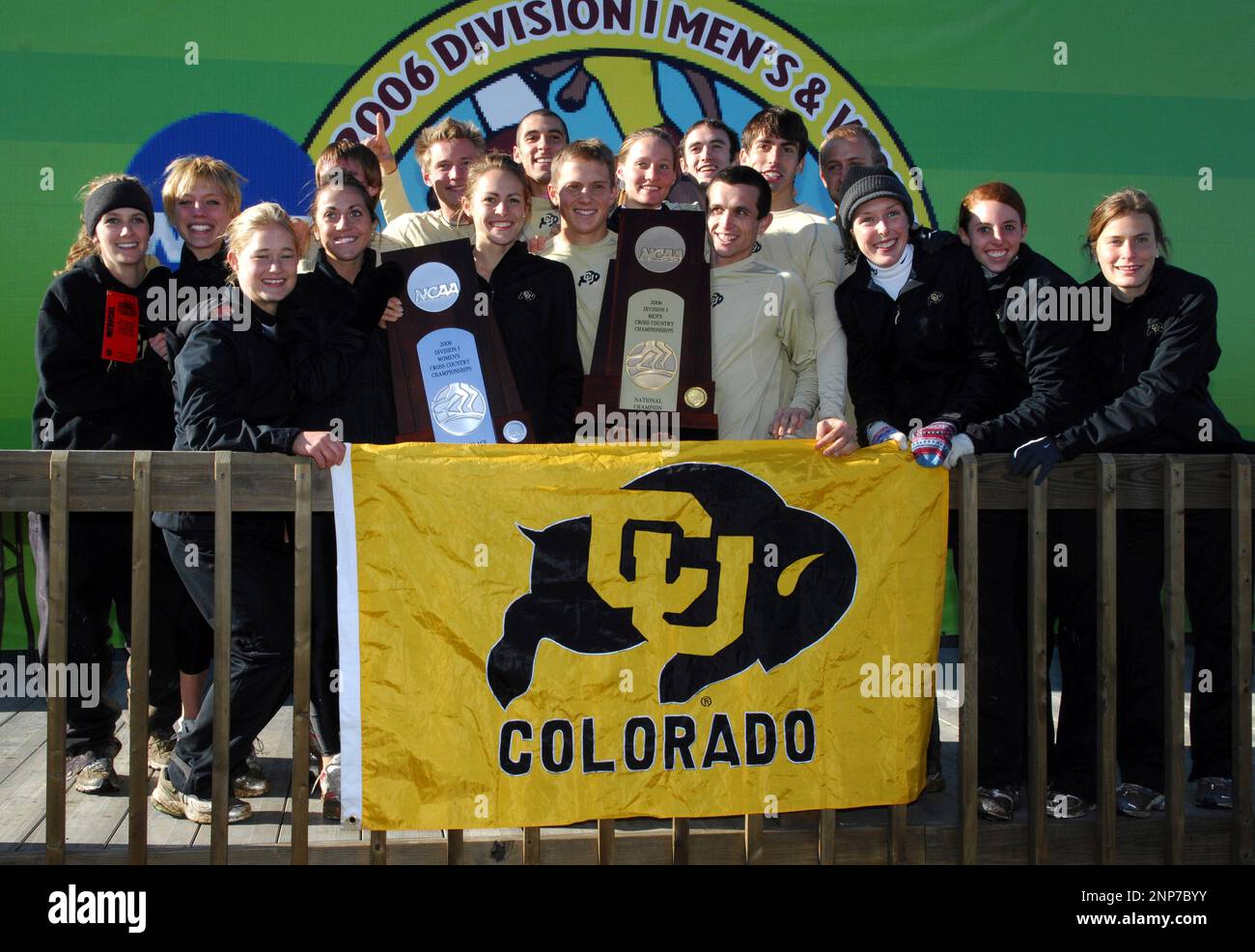 The Colorado men and women pose on the awards podium after finishing ...