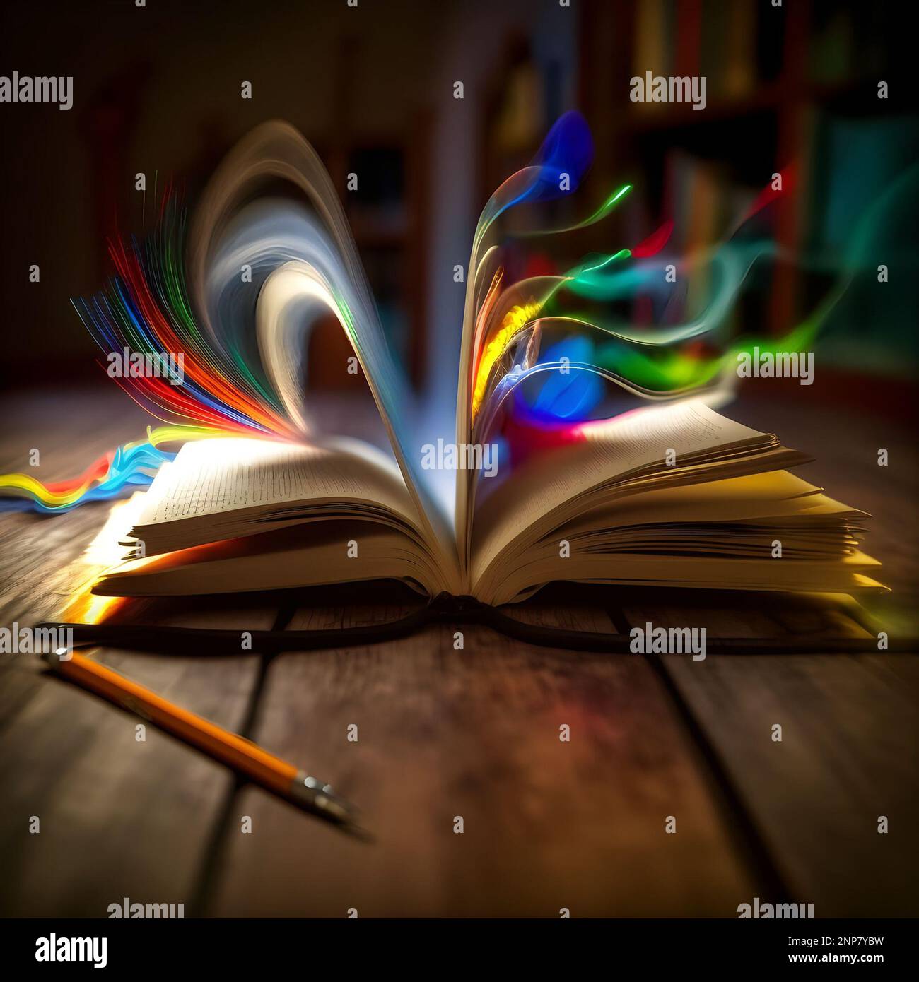 An open book rests on a wooden table, its pages waiting to be filled ...