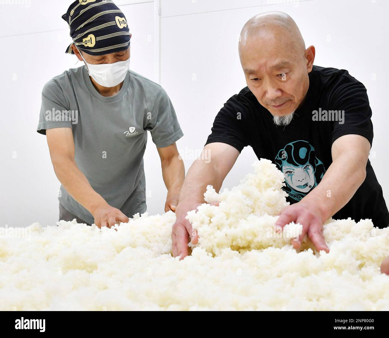Craftsmen make sake (Japanese rice wine) by mixing steamed rice with ...