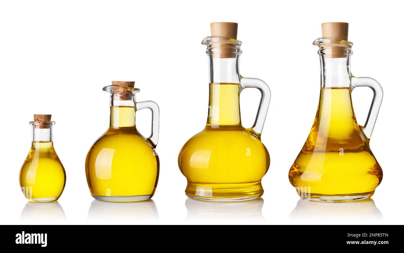 set of oil glass bottles isolated on white Stock Photo - Alamy