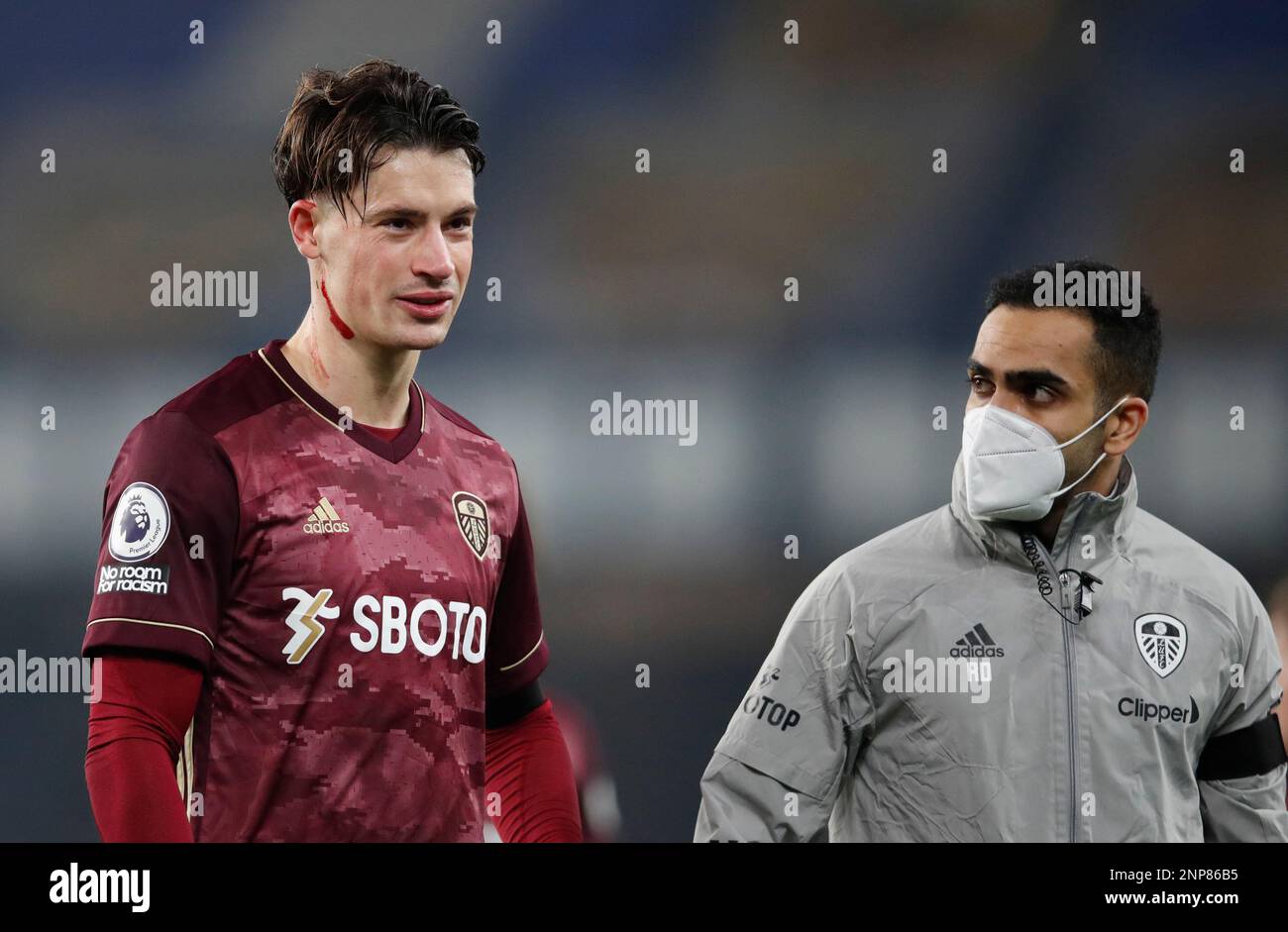 Leeds United's Robin Koch leaves the pitch at half time with an injury ...