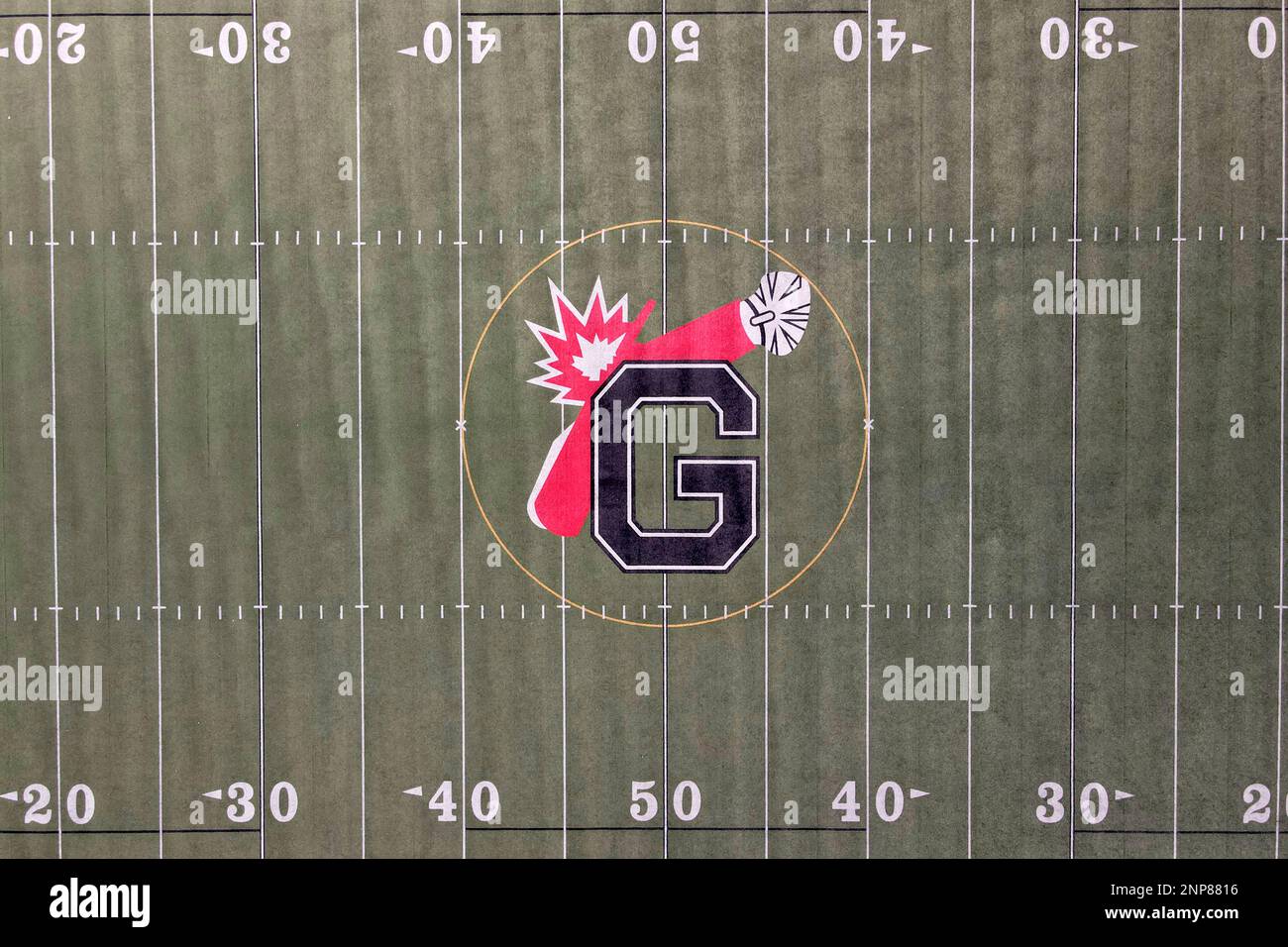A general view of the Dynamiters logo at midfield of the football field ...