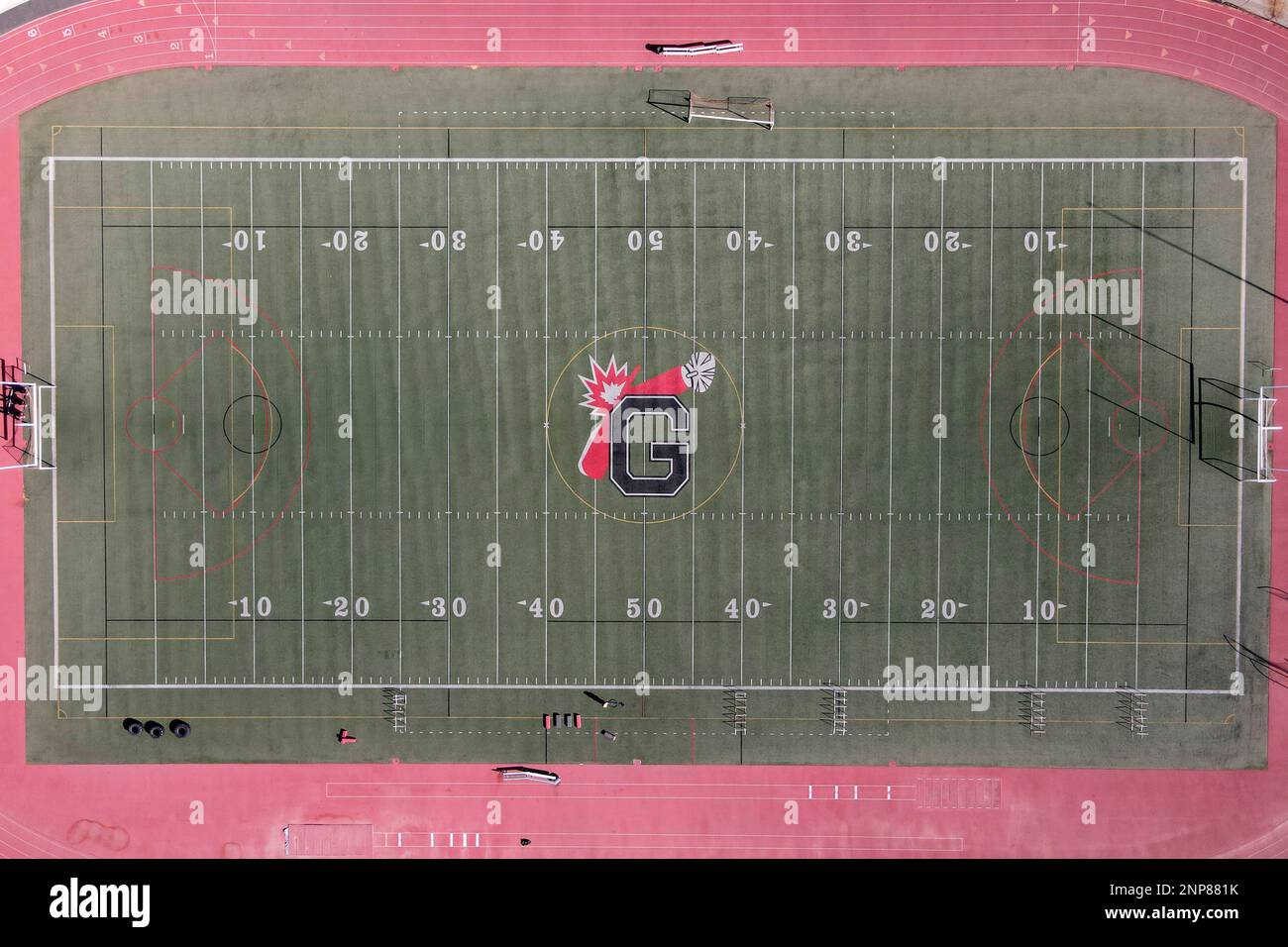 A general view of the Dynamiters logo at midfield of the football field ...