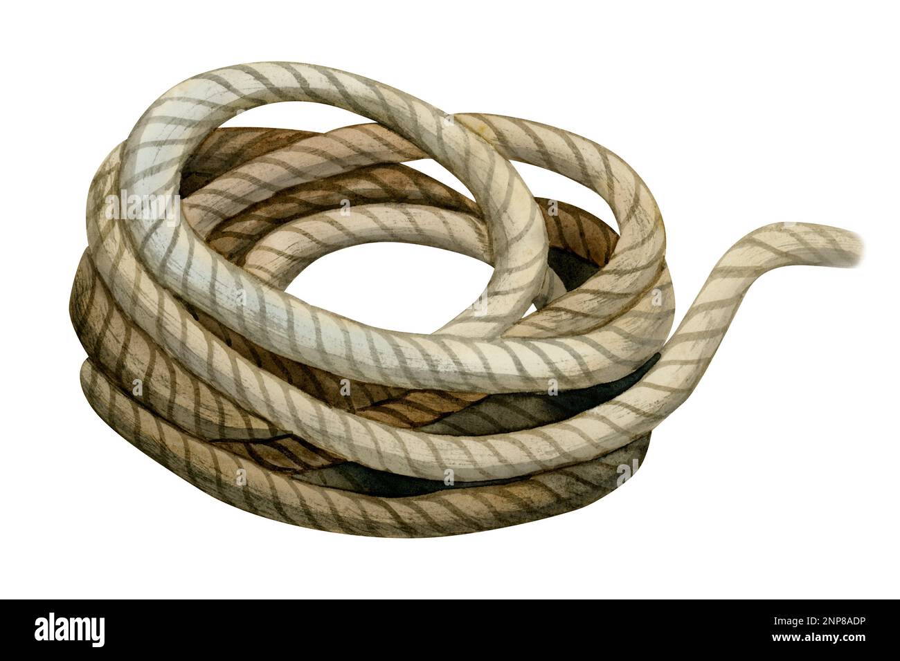Watercolor coil of rope, nautical cable roll over realistic ...