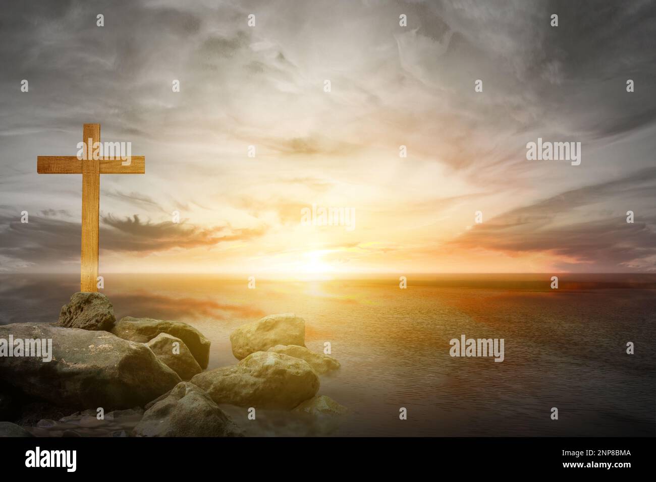 Christian Cross on the lake with sunset sky background Stock Photo - Alamy