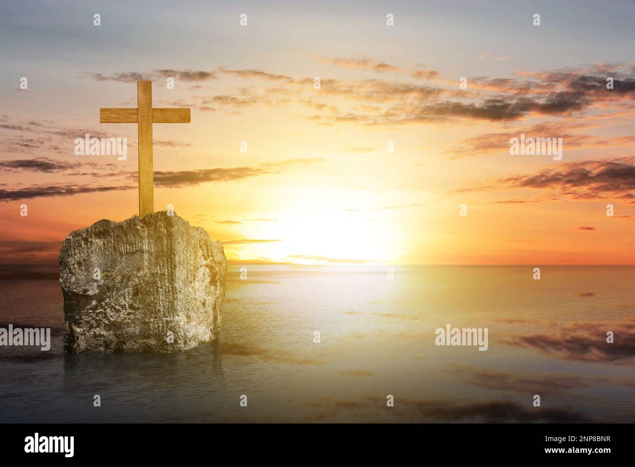 Christian Cross on the lake with sunset sky background Stock Photo - Alamy