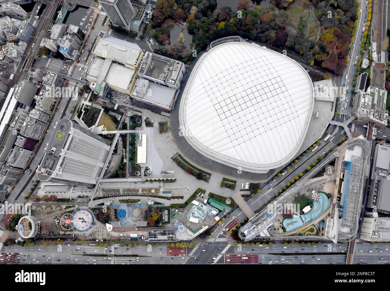 An aerial photo shows Tokyo Dome in Bunkyo Ward, Tokyo on November 27 ...